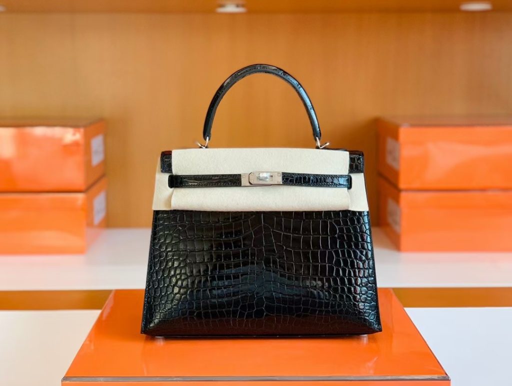Hermes Kelly Shiny Porosus crocodile Black Silver Hardware 25cm Full Handmade - DR96 Factory